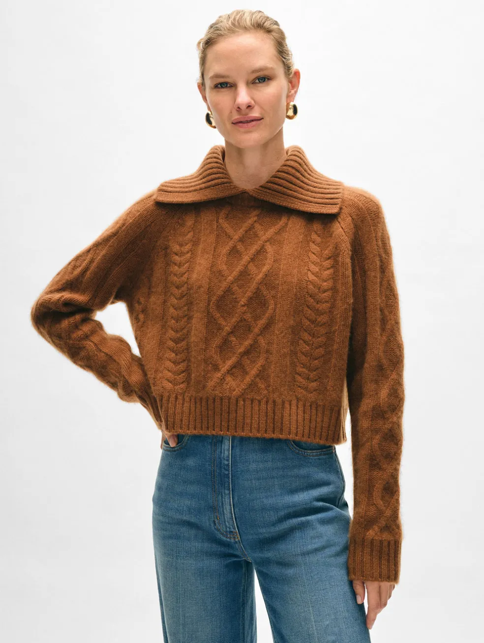 cashmere luxe cable collar crewneck - White + Warren